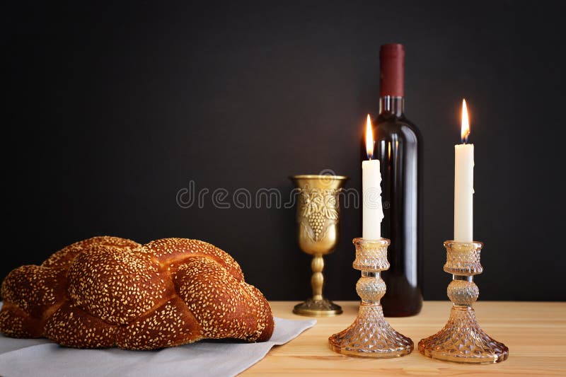 Image of Shabbat, Challah Bread, Wine and Candles Stock Image - Image ...
