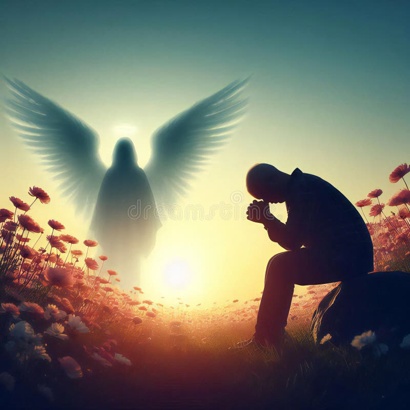 Image of a Shadowy Angel Watching Someone Kneeling in Silhouette by the ...