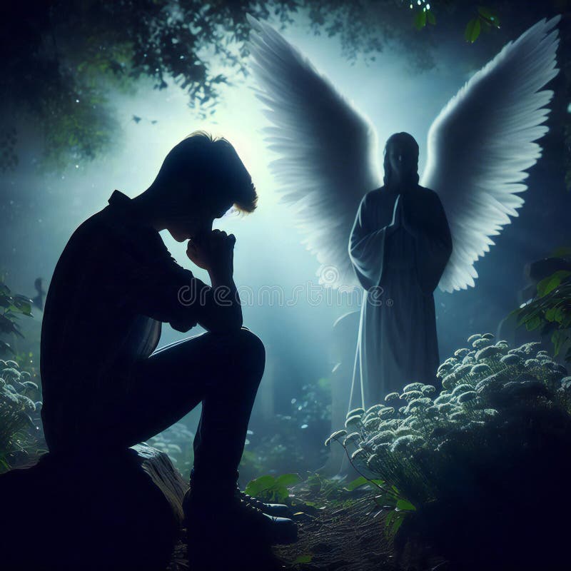 Image of a Shadowy Angel Watching Someone Kneeling in Silhouette by the ...