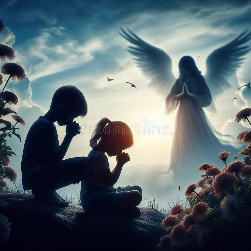 Image of a Shadowy Angel Watching Someone Kneeling in Silhouette by the ...