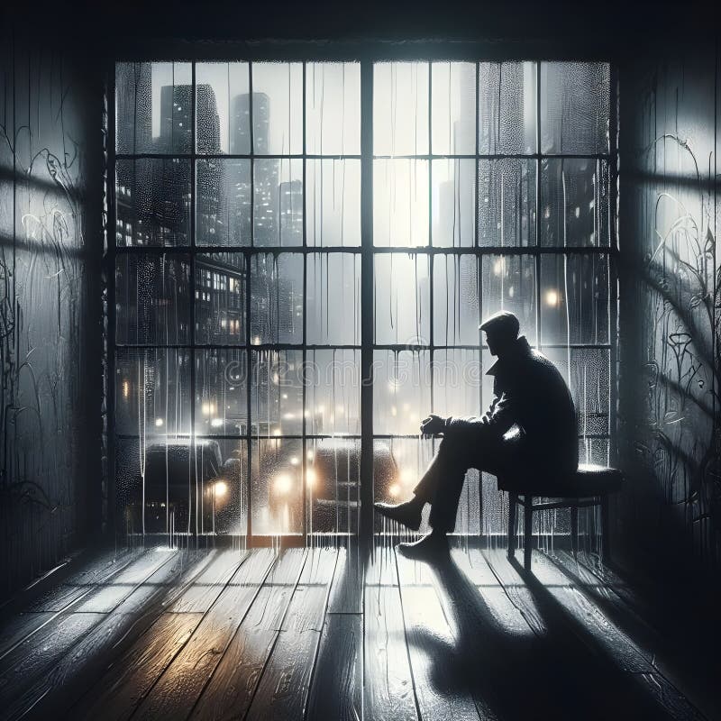 Image of Shadowy Figure Looking Out a Rainy Urban Day Behind the Window ...