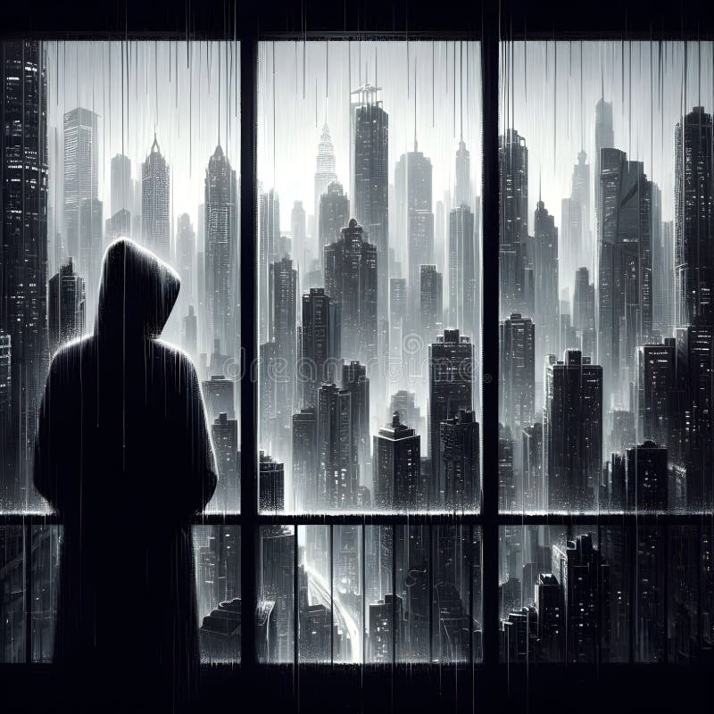 Image of Shadowy Figure Looking Out a Rainy Urban Day Behind the Window ...