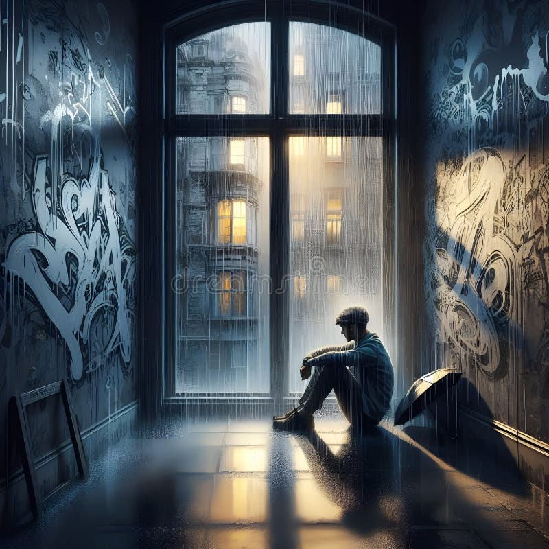 Image of Shadowy Figure Looking Out a Rainy Urban Day Behind the Window ...