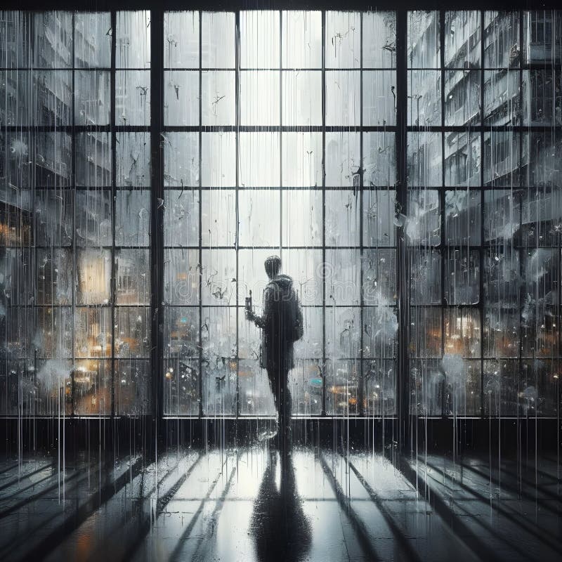 Image of Shadowy Figure Looking Out a Rainy Urban Day Behind the Window ...