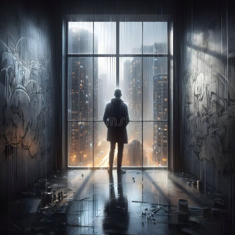 Image of Shadowy Figure Looking Out a Rainy Urban Day Behind the Window ...