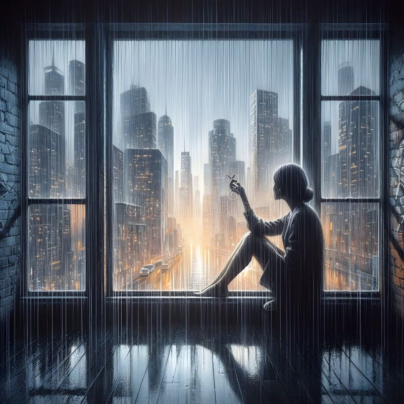 Image of Shadowy Figure Looking Out a Rainy Urban Day Behind the Window ...