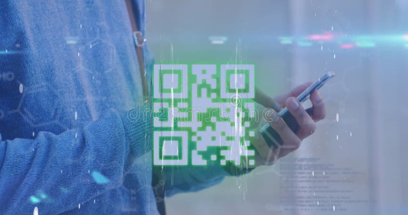 Image of Shapes, Lights and Qr Code Over Hands of Caucasian Man Using ...