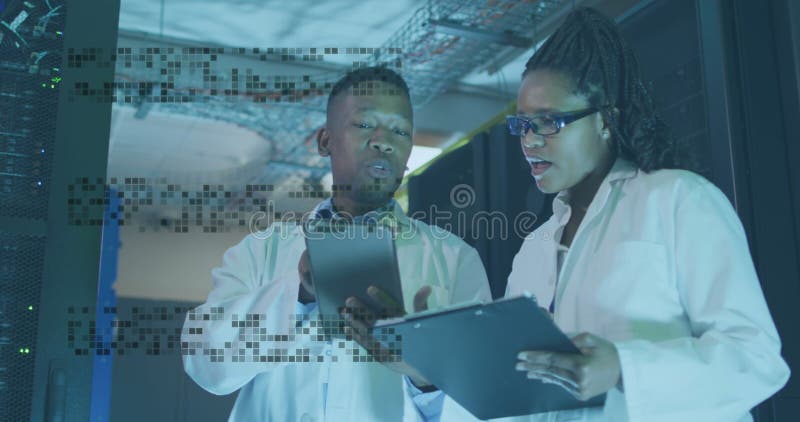 Image of Shapes Over African American Workers in Server Room Stock ...
