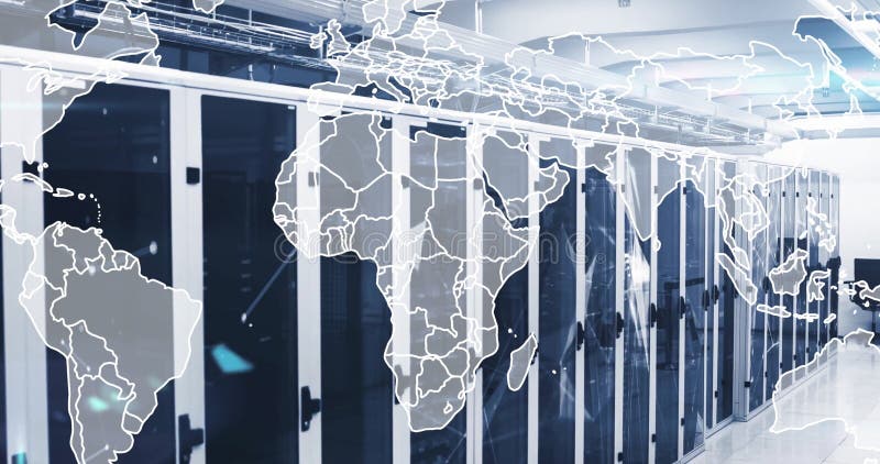 Image of Shapes and World Map Over Server Room Stock Image - Image of ...