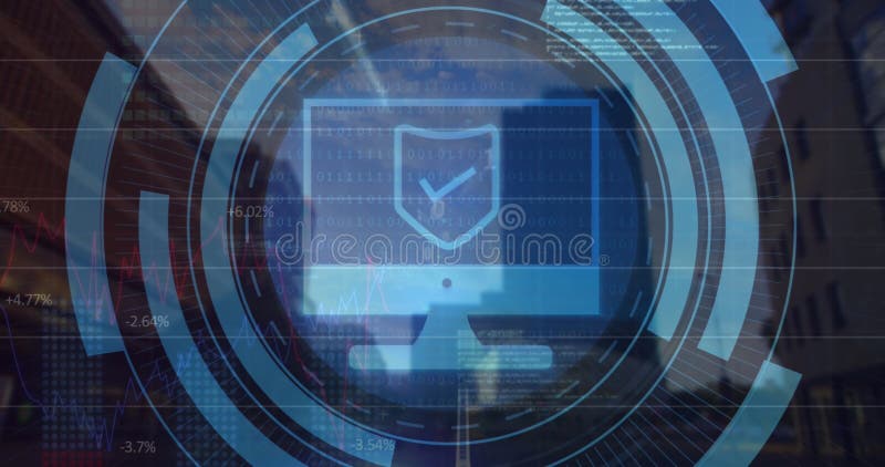 Image of Shield, Desktop Icon, Binary Codes, Computer Language Over Modern Buildings Stock ...