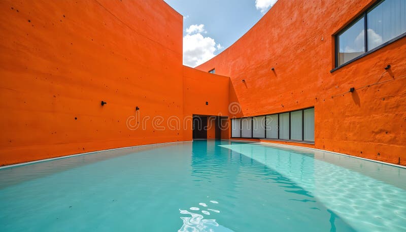 An Orange Building with a Reflecting Pool Under a Sunny Sky Stock ...