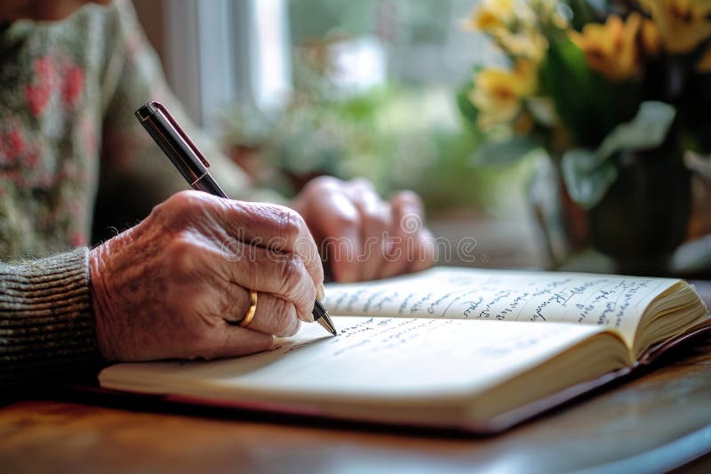 An Elderly Person Writes Thoughtfully in a Journal. the Scene Captures ...