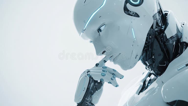 Advanced AI Robot Contemplating with a Thoughtful Expression Stock ...