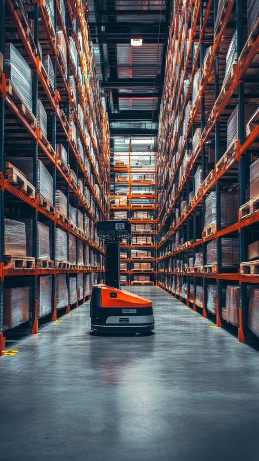 A Modern Automated Warehouse Features a Sleek Robotic Device Navigating ...