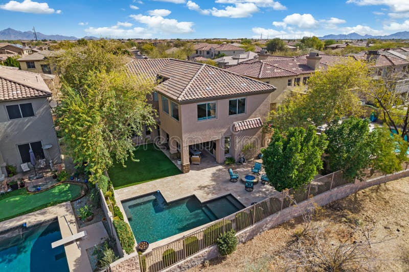 This Image Showcases an Aerial View of a House Featuring a Pool in Its ...
