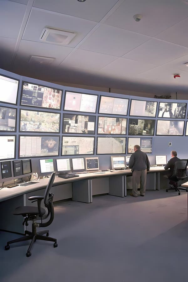 AI-Enhanced Security Control Room with Wide Surveillance Display Wall ...