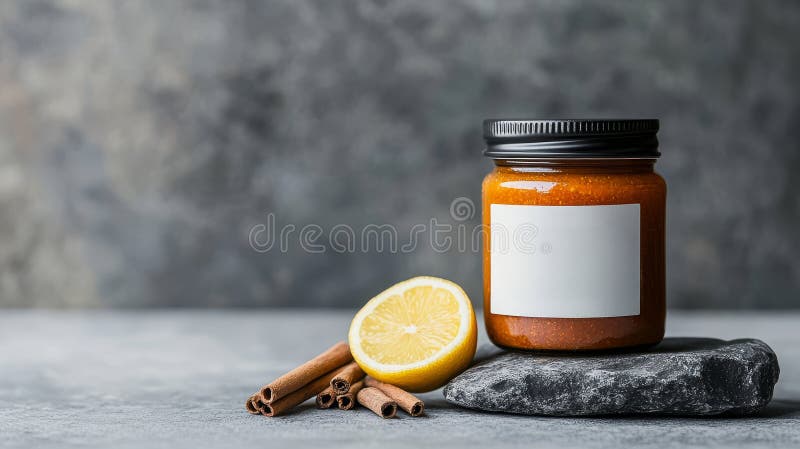 This Image Showcases an Amber Jar with a Blank Label beside Sliced ...