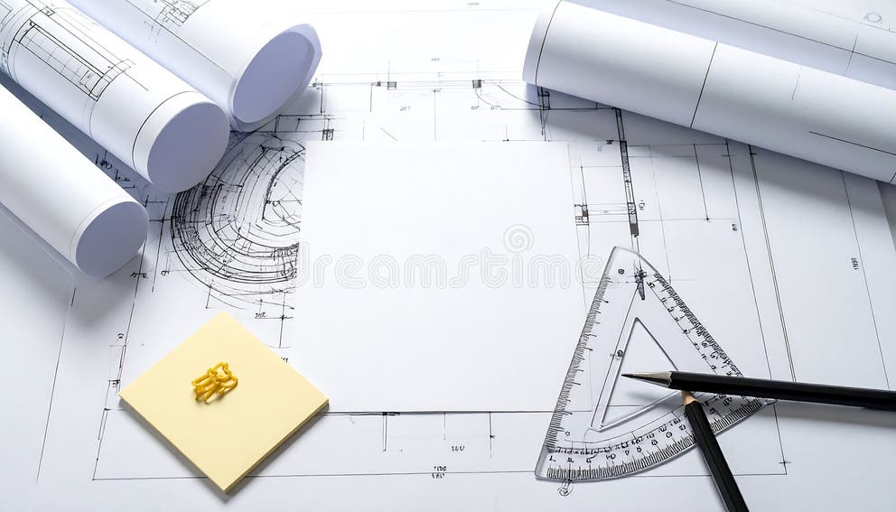 This Image Showcases Architectural or Engineering Blueprints. Rolled-up ...