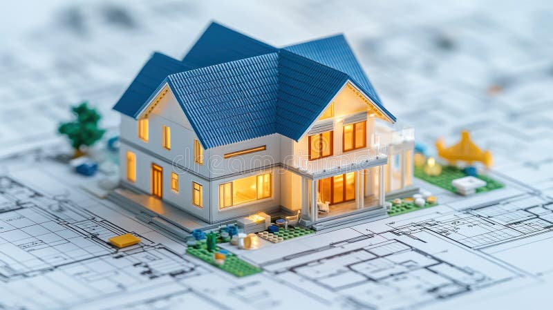 Architectural House Model on Blueprint Plans for Construction Design ...