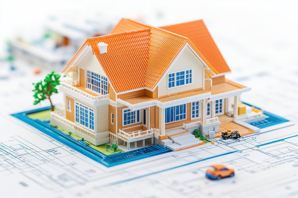 Architectural House Model on Blueprints for Construction Planning and ...