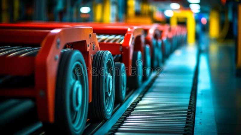 A Close-up of Red Conveyor Rollers Running Smoothly in an Industrial ...