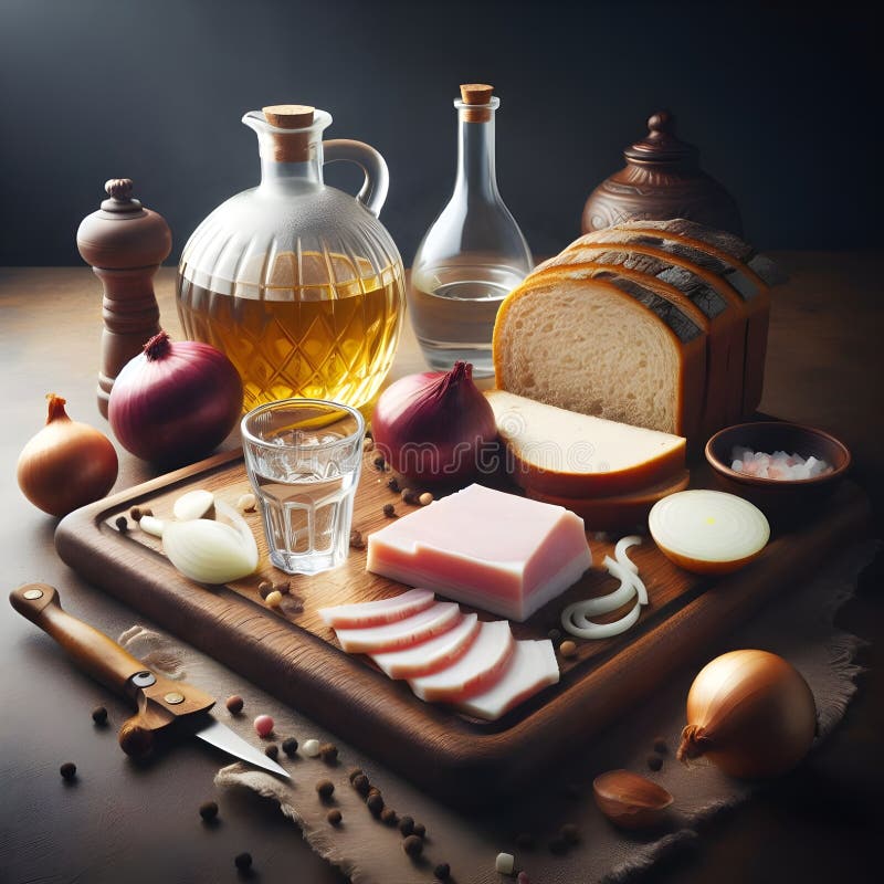 Traditional Slavic Meal Preparation with Bread, Salted Bacon, Vodka and ...