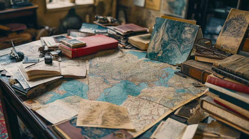 A Collection of Antique Maps and Books Laid Out on a Wooden Desk ...