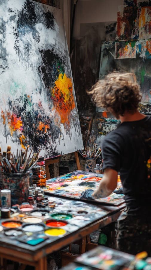 An Artist Passionately Creates Vibrant Abstract Art in a Colorful ...