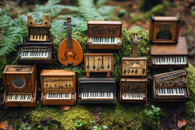 Antique Miniature Musical Instruments Collection on Moss Stock ...