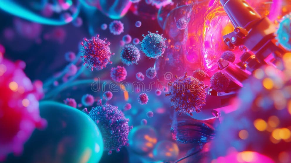 Vibrant Depiction of Microscopic Entities Interacting in a Colorful ...