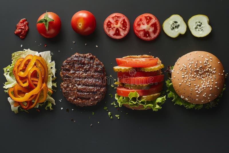 Artistically Arranged Deconstructed Hamburger with Fresh Ingredients on ...