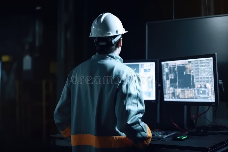 Back View of Engineer in Safety Helmet and Uniforms in Büro in Front of ...