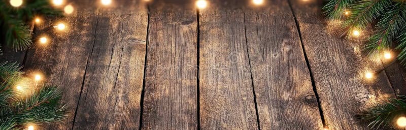 Rustic Christmas Border with Fir Branches, String Lights, and Bokeh on ...