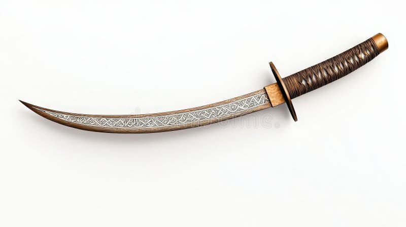 Elegant Curved Sword with Intricate Design and Leather Wrapped Handle ...