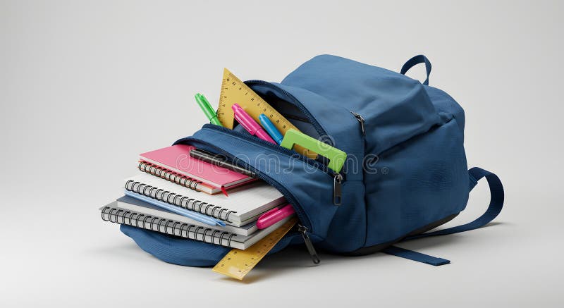 School Supplies Spilling from a Blue Backpack Stock Illustration ...