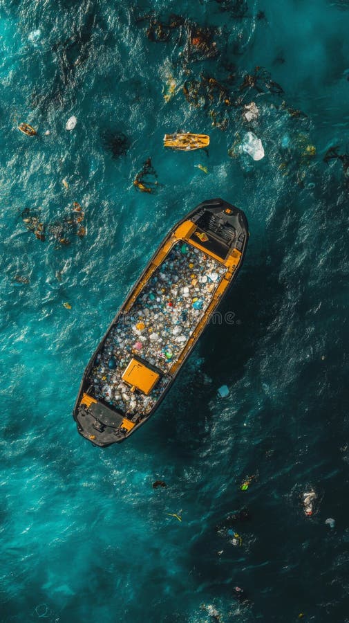 Aerial View of a Boat Filled with Waste in a Beautiful Blue Ocean. this ...