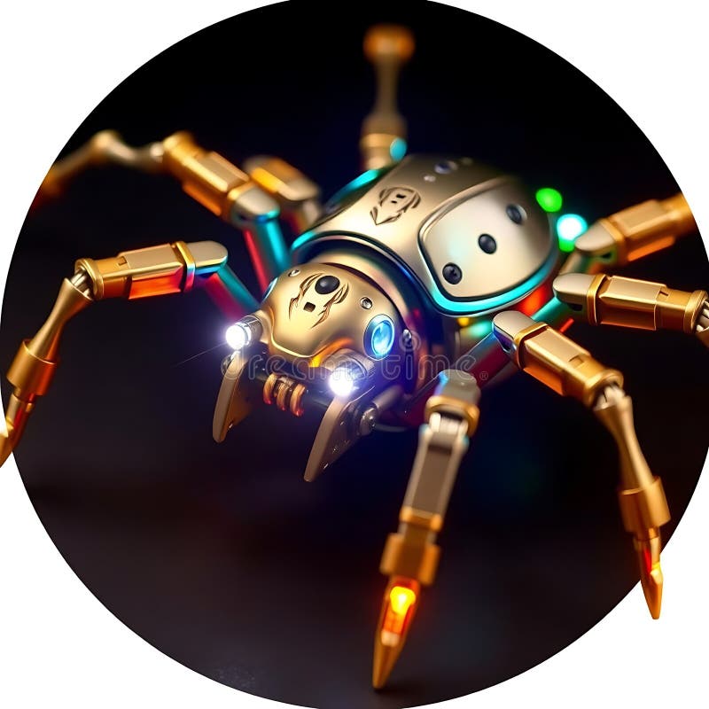 A Brass and Copper Mechanical Spider with Glowing Eyes and Legs Stock ...