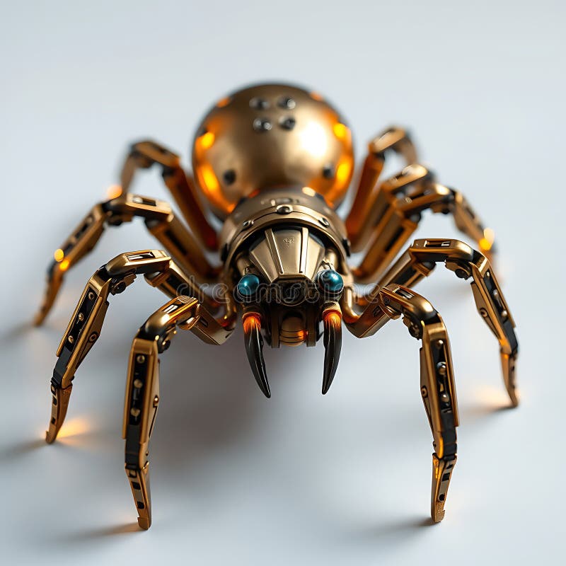 A Brass and Copper Mechanical Spider with Glowing Eyes and Legs Stock ...