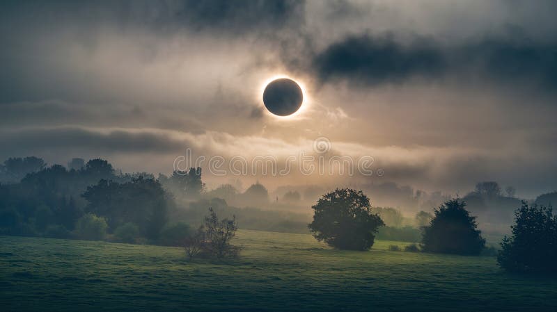 Solar Eclipse Over Misty Green Meadow with Trees and Dramatic Cloudy ...