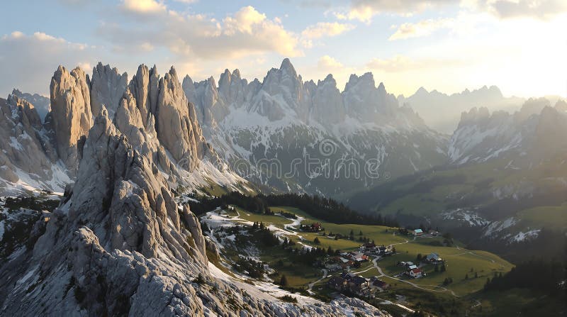 Dolomites Mountain Range with Village View Stock Photo - Image of ...