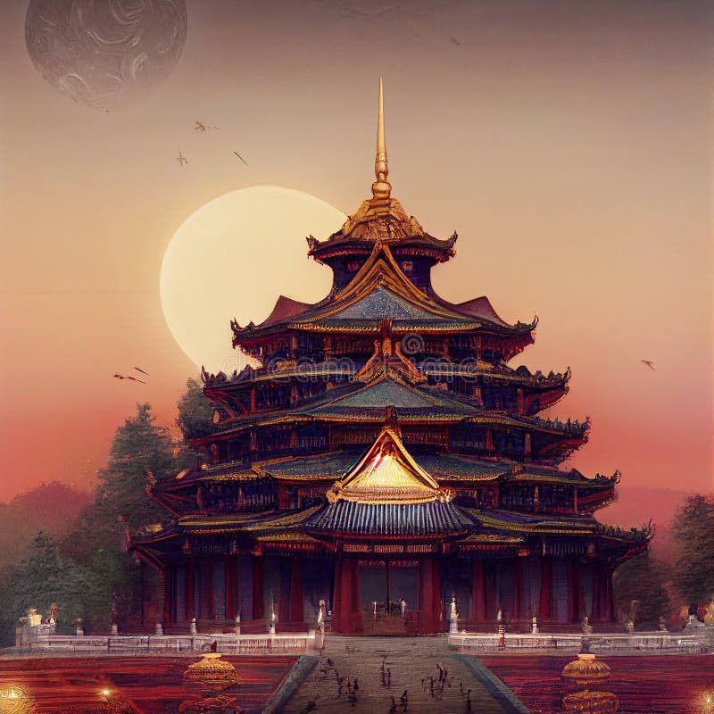 Beautiful Domed Budhist Temple City in the Moon Stock Illustration ...