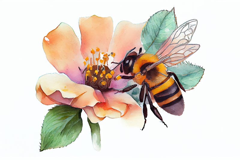 Bee on a Flower. Watercolor Background. Isolated on White Stock ...