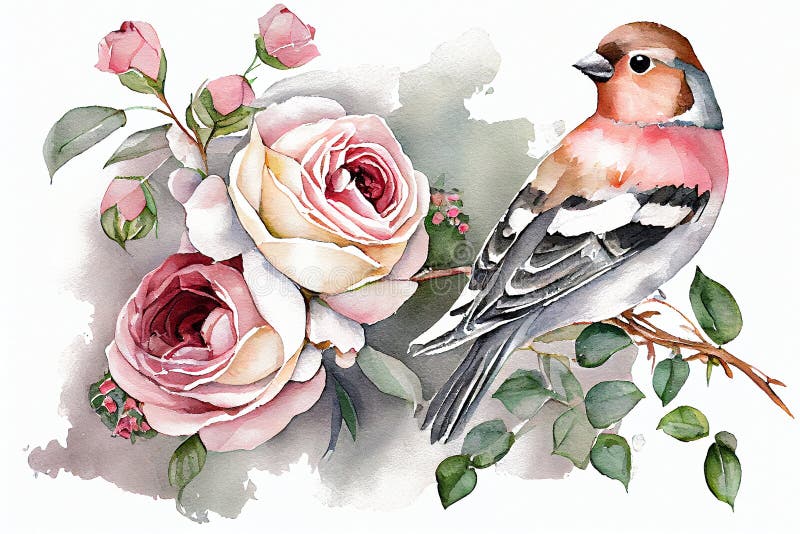 Watercolor Bird and Rose Bouquet. White and Pink Roses Stock ...