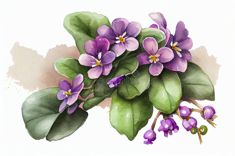 Hand Drawn Watercolor of African Violet Flowers Stock Illustration ...