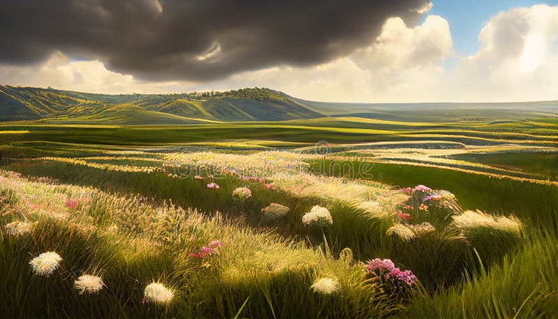 Wide Angle.ï¿½ ï¿½Aerial View of a Flowery Grassland Stock Illustration ...