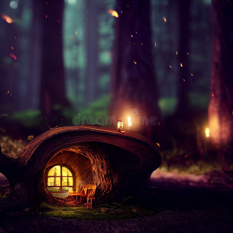 Tavern Inside a Fallen Tree Trunk with Illuminated Windows Stock ...