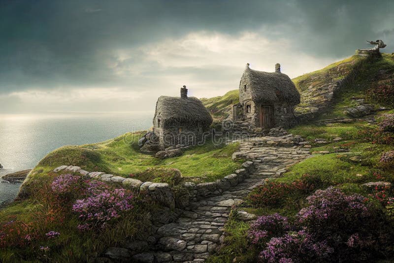 Early Medieval Cliff-top Cottage with a View of the Sea Stock ...