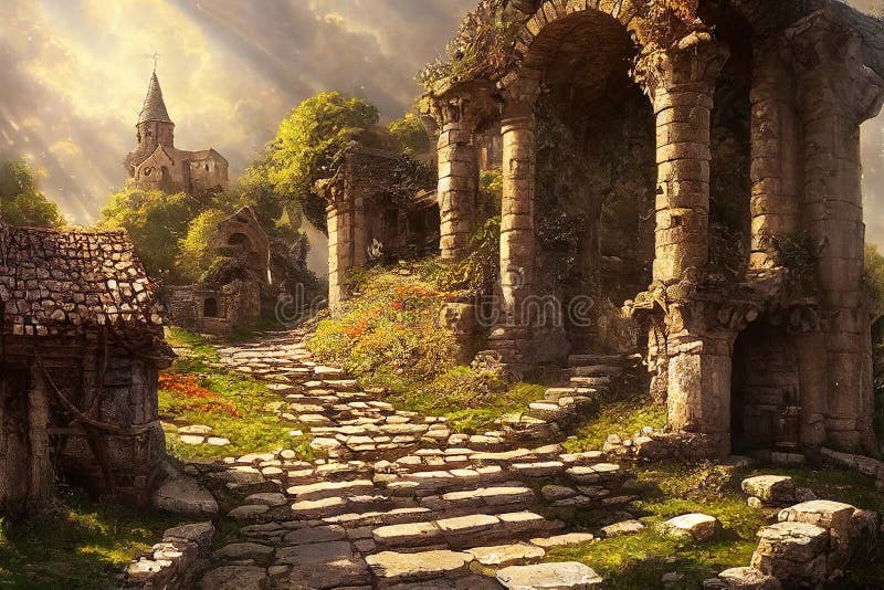 Ancient Roman Architecture: Steps, River, and Fantasy Village Stock ...