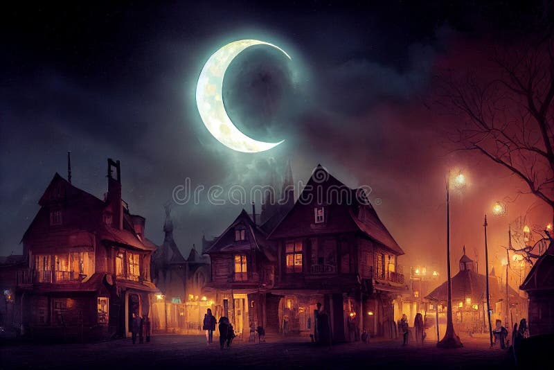 A Goth Medeavil Town Square at Night with a Moon in the Sky Stock ...