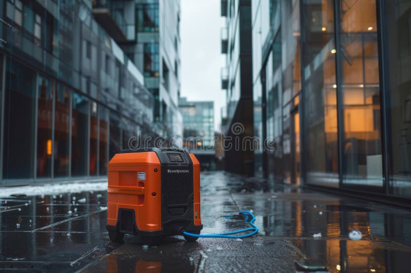 A Vibrant Orange Generator Stands in a Modern City Alley. Puddles ...
